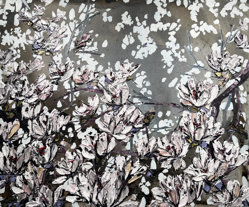 Maya Eventov Magnolia in Bloom Floral original painting size 30"Hx36"W.
